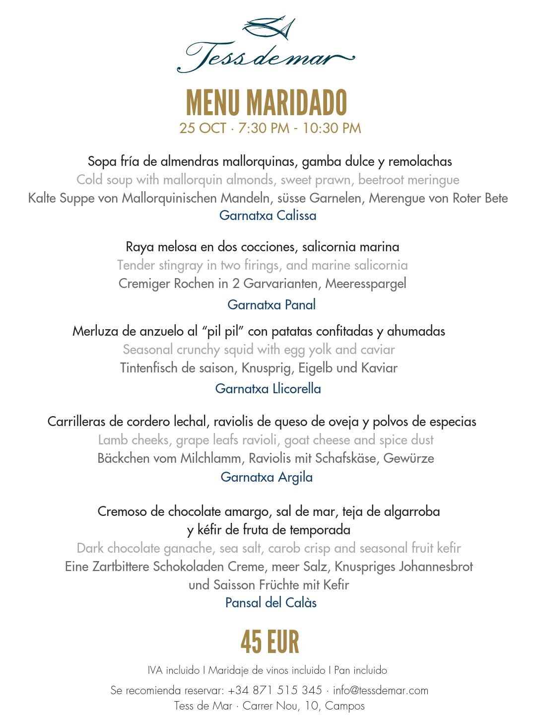 Cena maridaje con Celler Capçanes | Tess de Mar